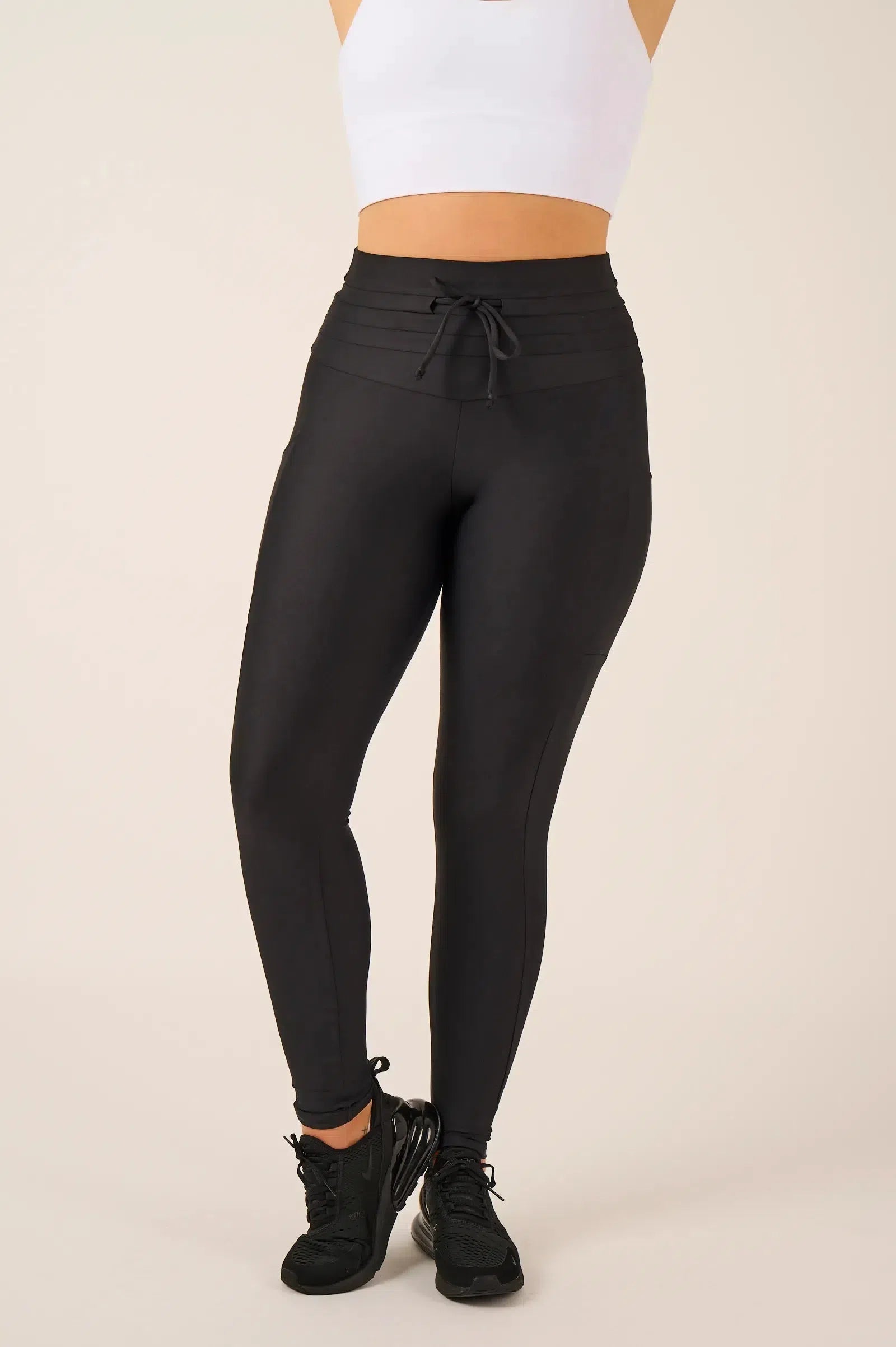 Performance Panel Pocket Drawstring High Waisted Leggings - Black ...